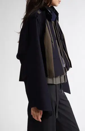 Sacai Pinstripe Melton Wool Crop Military Jacket In Dark Khaki